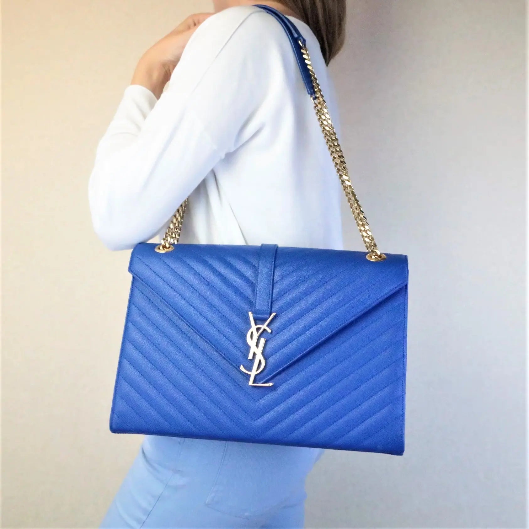 YSL Saint Laurent Blue Caviar Large Envelope Bag – Bagaholic